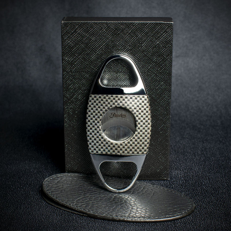 Passatore Twin Blade Cigar Cutter - Chrome/Carbon Check Finish Smoke-King