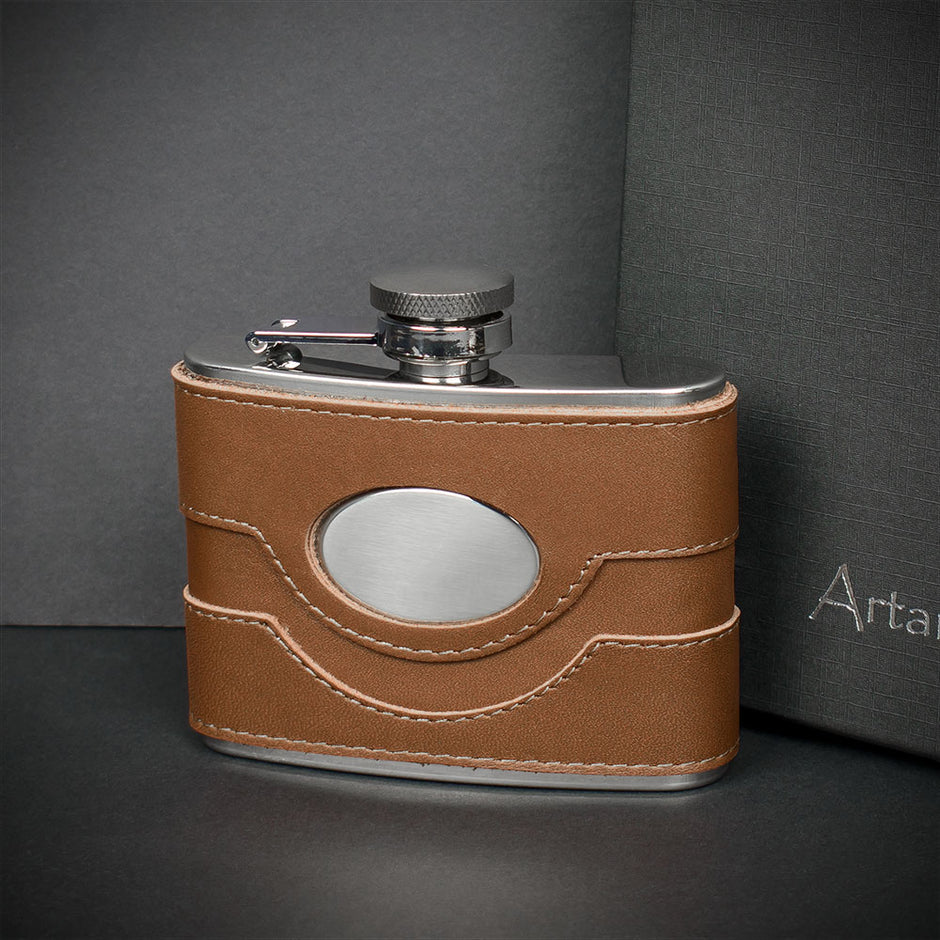 Brown Spanish Leather Hip Flask - 4oz Stainless Steel Smoke-King