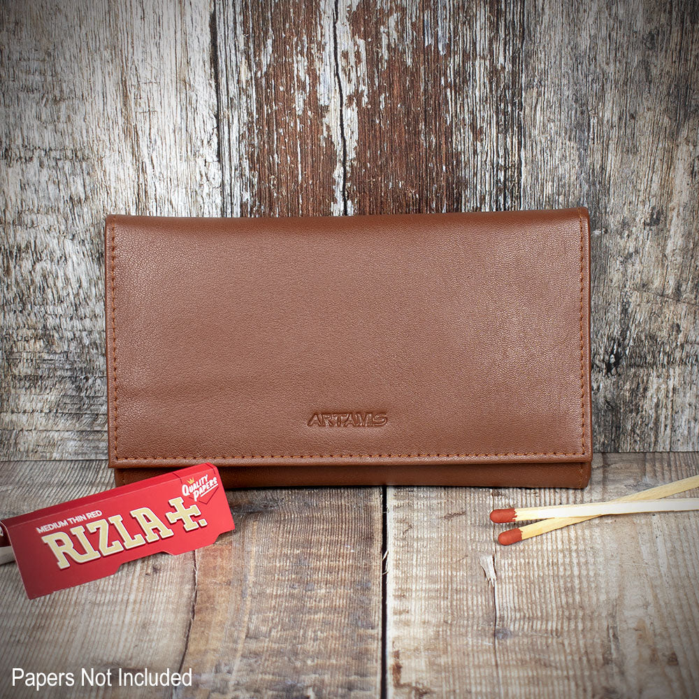 Sarome Tan Leather Roll & Button Handrolling Pouch PO27T. Smoke-King